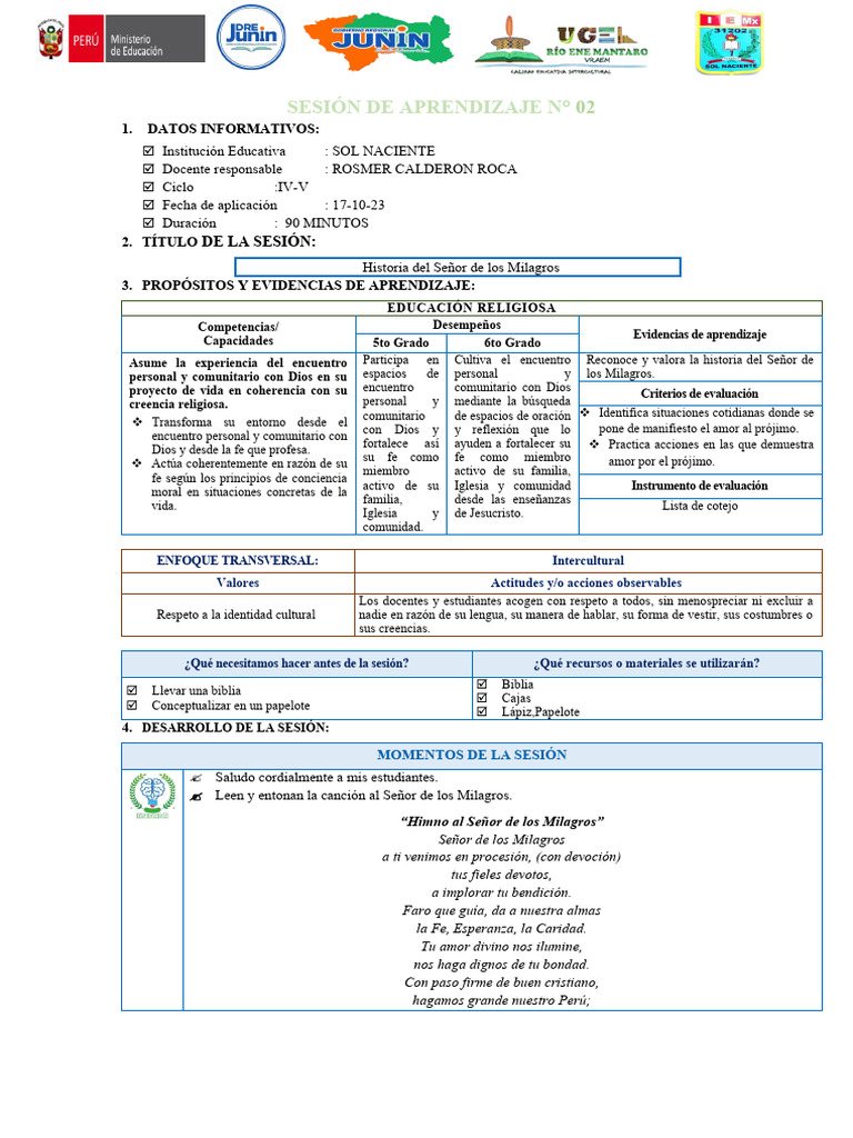 Sesión de Aprendizaje N 17-10-23 Reli | PDF