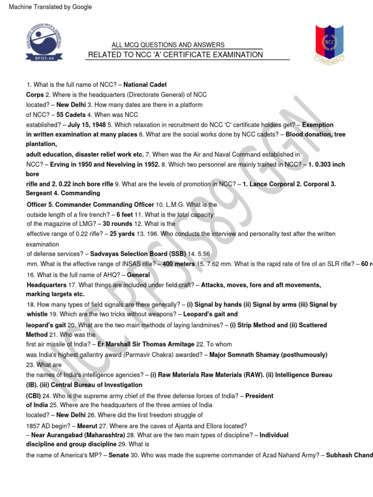 All MCQ NCC A Certificate Exam in English | PDF