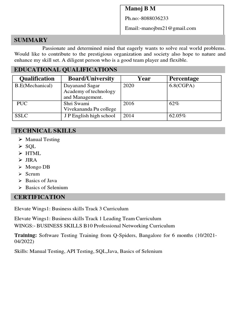 B M Manoj Resume | PDF | Software Development | Software