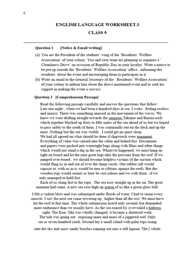 Class 9 - English Language Worksheet-3 | PDF
