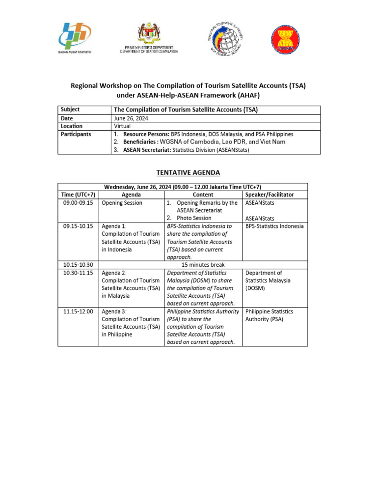 Tentative Agenda For Tourism Satellite Accounts (TSA) | PDF