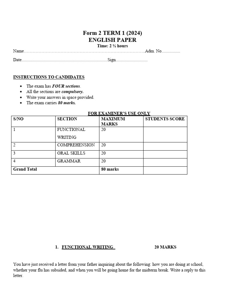 English-Form-2-Exam-Term-1-Qs_Teacher.Co_.Ke_ | PDF | Disciplines ...