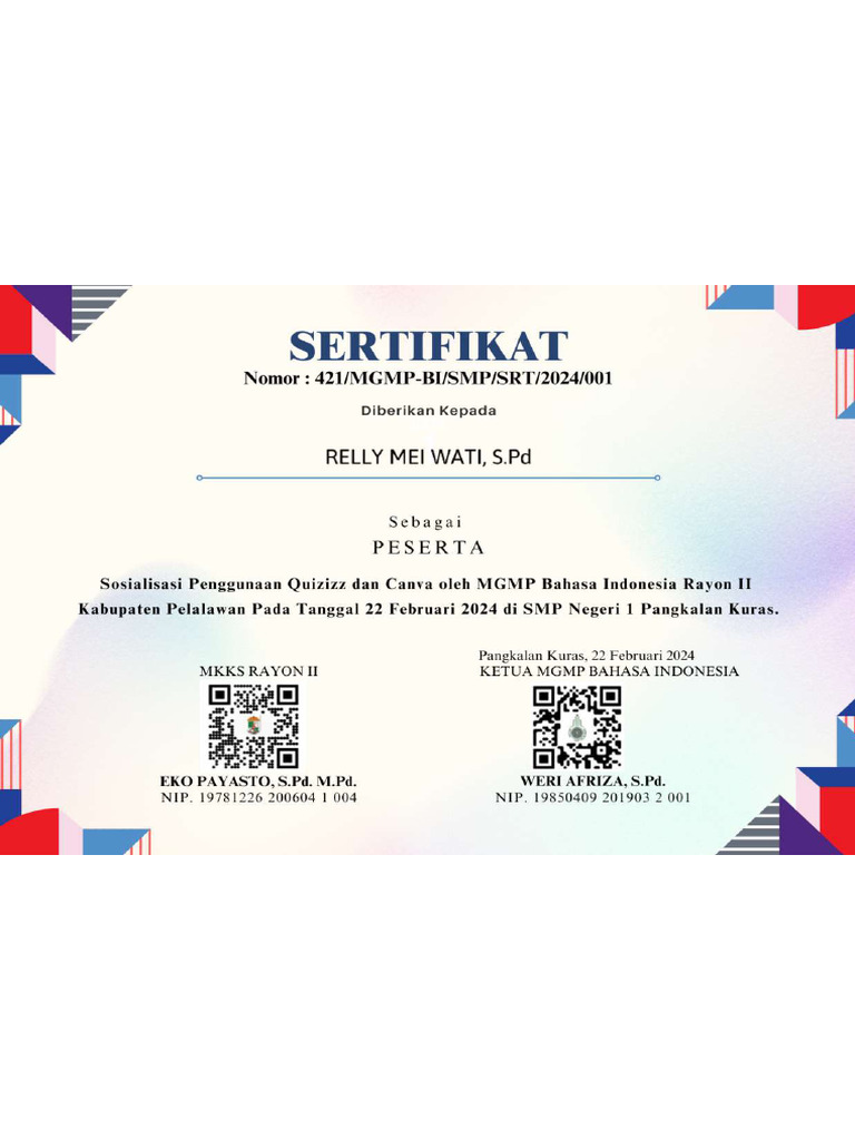 Sertifikat MGMP Relly Mei Wati | PDF
