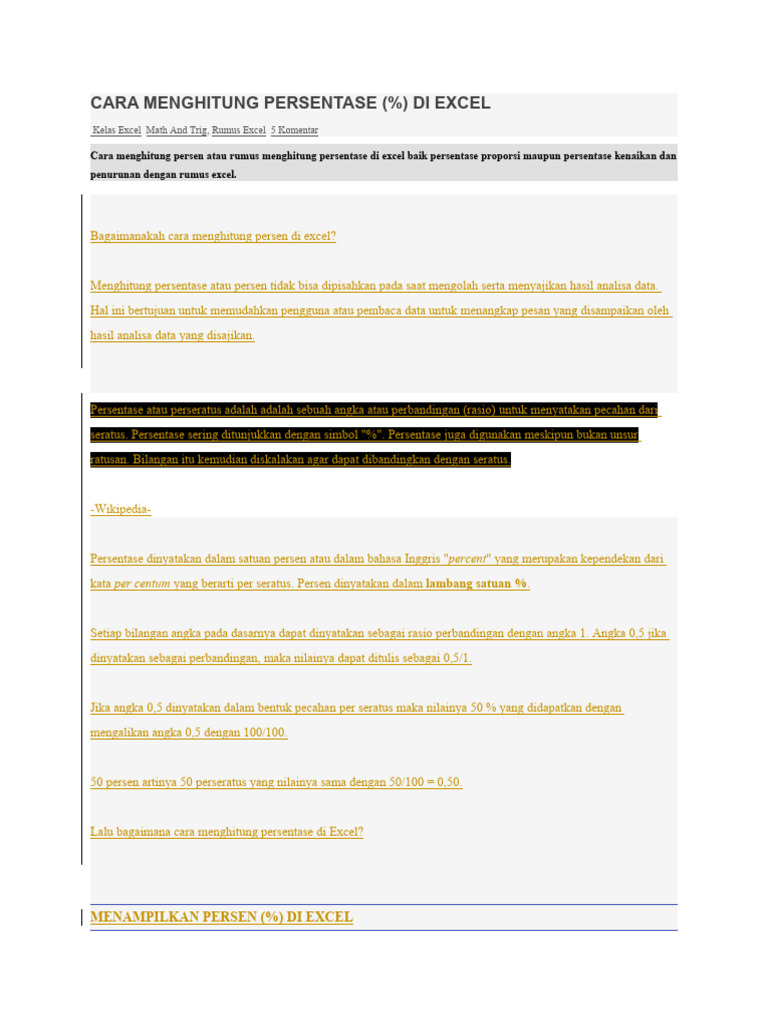 CARA MENGHITUNG PERSENTASE Exel | PDF