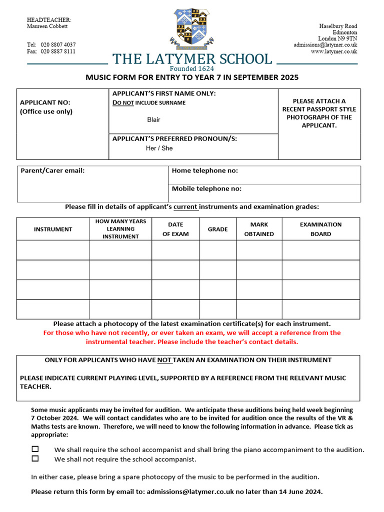 Music Application Form | Download Free PDF | Audition