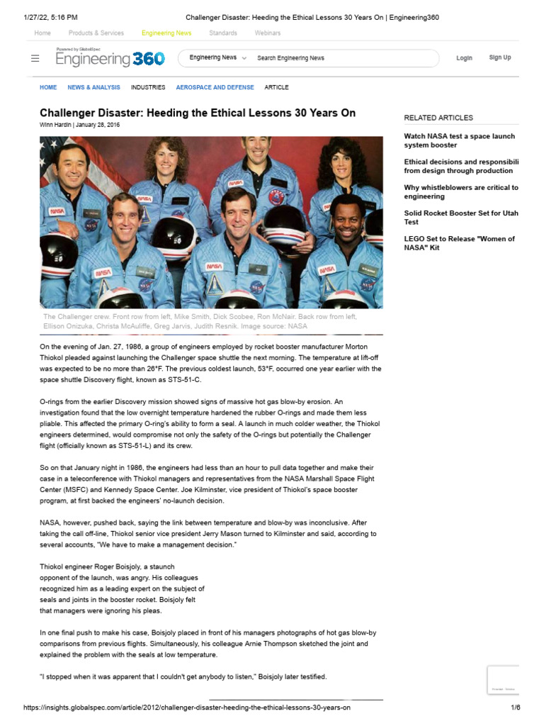 Challenger Disaster - Heeding The Ethical Lessons 30 Years On ...
