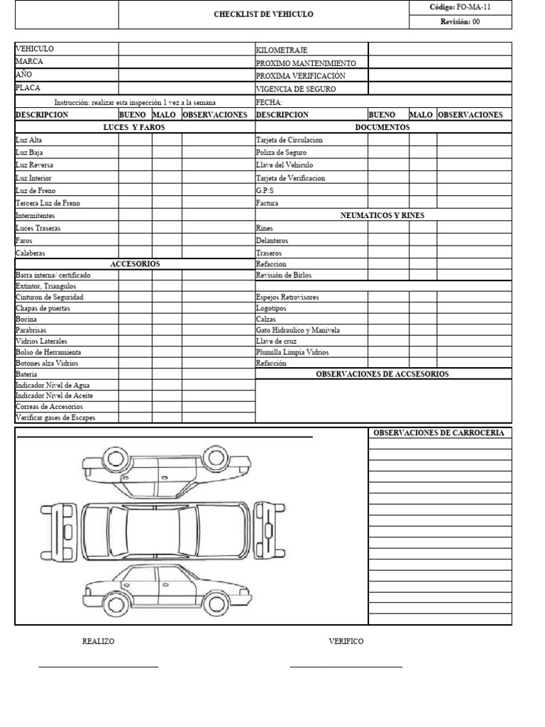 FO-MA-11 REV 00 Checklist de Vehiculo | Descargar gratis PDF | Carros deportivos | Tecnología de ...