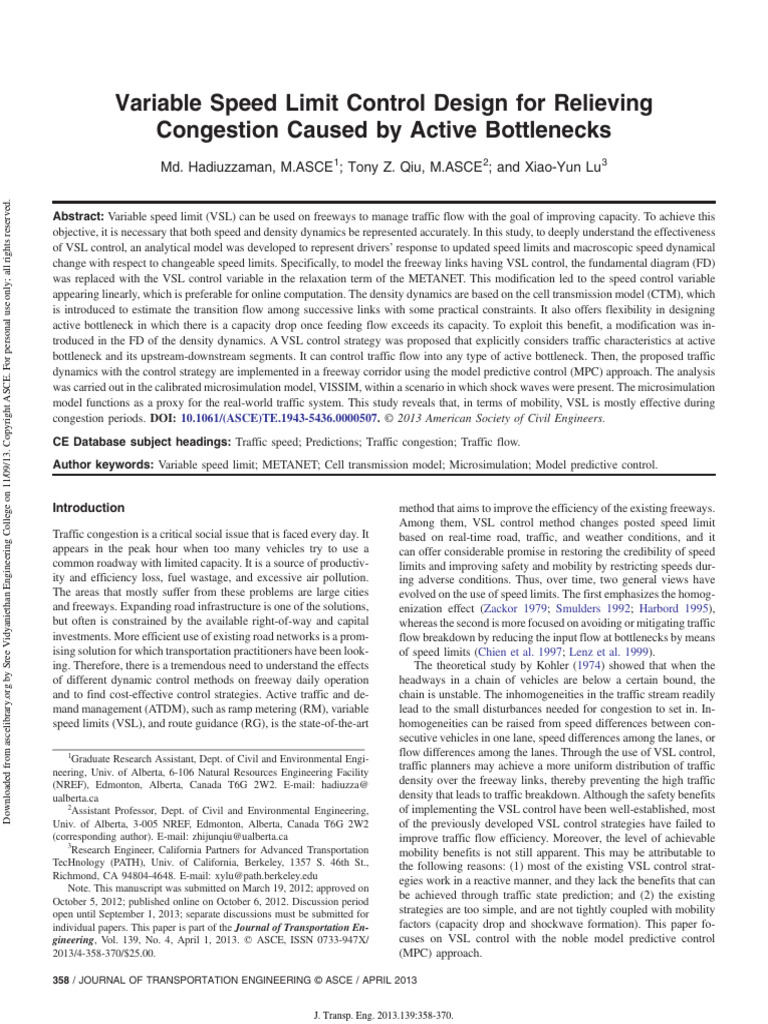 Variable Speed Limit Control Design For Relieving | PDF | Traffic | Speed Limit