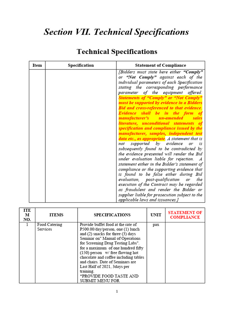 b1 2021 Catering Services Section7 Technical Specifications | PDF