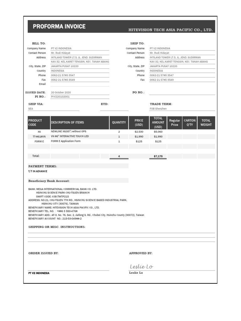 Proforma Invoice: Bill To: Ship To | PDF | Banking | Financial Services