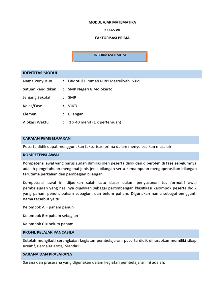 P02 Modul Ajar MAT Faktorisasi Bilangan | PDF