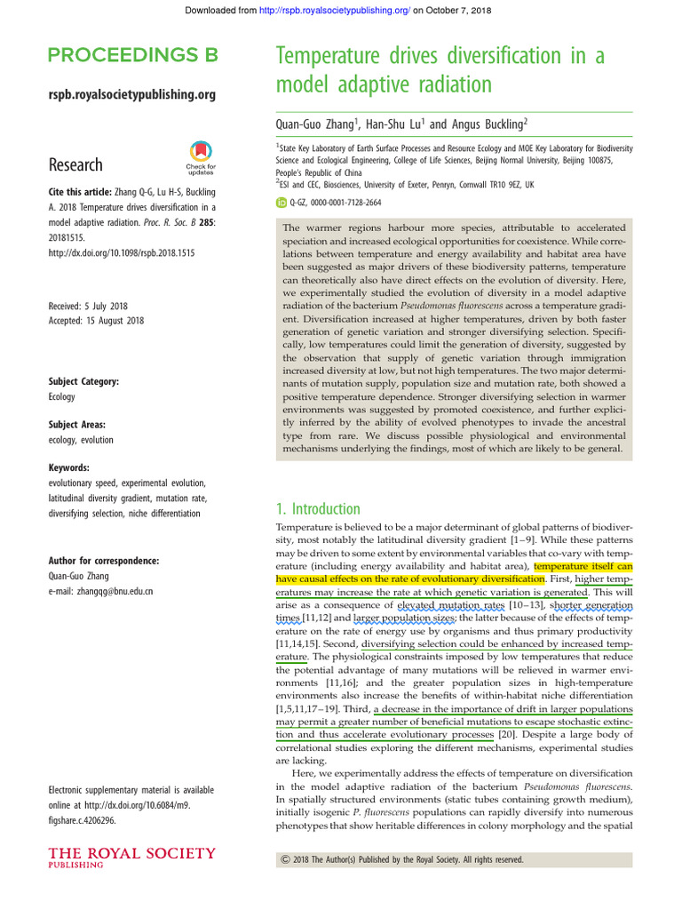 2018 Temperature Drives Diversification in A Model Adaptive Radiation ...
