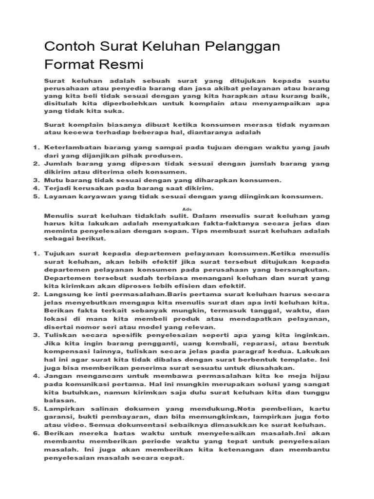 Contoh Surat Keluhan Pelanggan Format Resmi | PDF Contoh Surat Keluhan Pelanggan Format Resmi | PDF