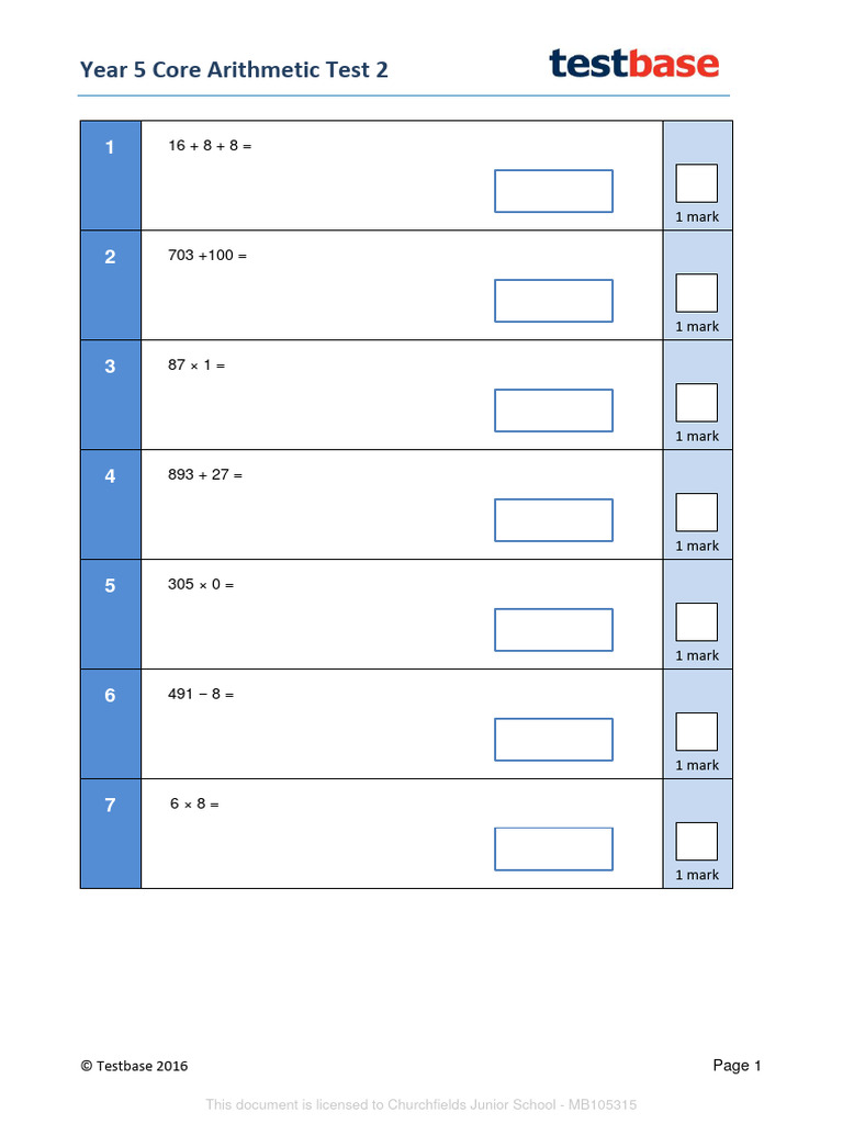Y5 Core Arithmetic Test 2 | PDF | Mathematics | Arithmetic
