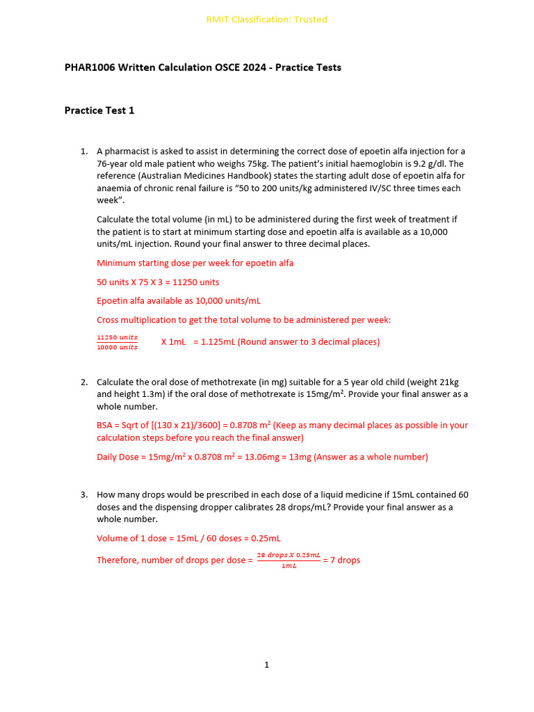PHAR1006 Written Calculation OSCE Practice Tests - 2024 - ANSWERS | PDF ...