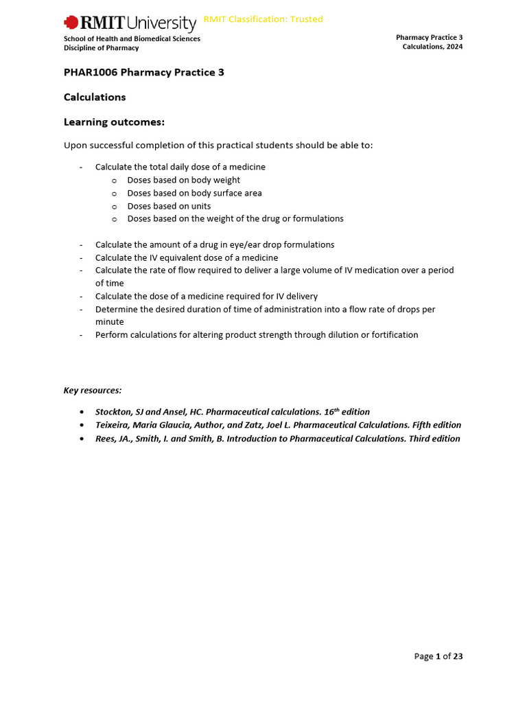 Pharmacy Dose Calculation Guide | PDF | Dose (Biochemistry) | Chemistry