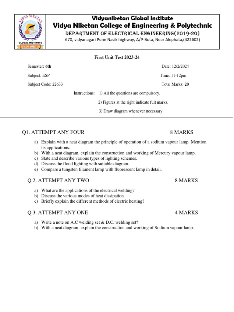 ESP UNIT TEST | PDF | Electricity | Electrical Engineering
