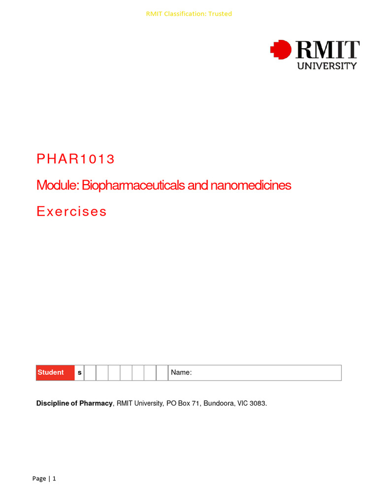 PHAR1013 - Tutorial Exercise - Module - Biopharmaceuticals and Nanomedicines | PDF ...