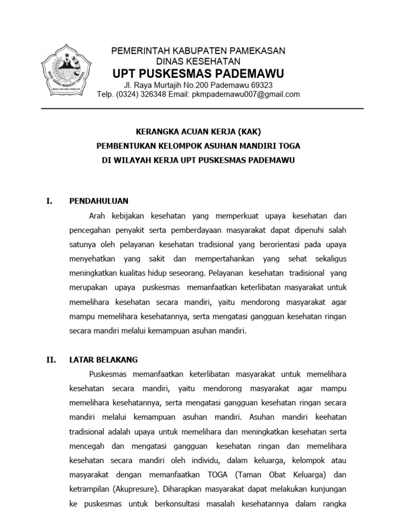 KAK Pembentukan Asman Toga | PDF | Pengembangan Diri | Kesehatan Holistik