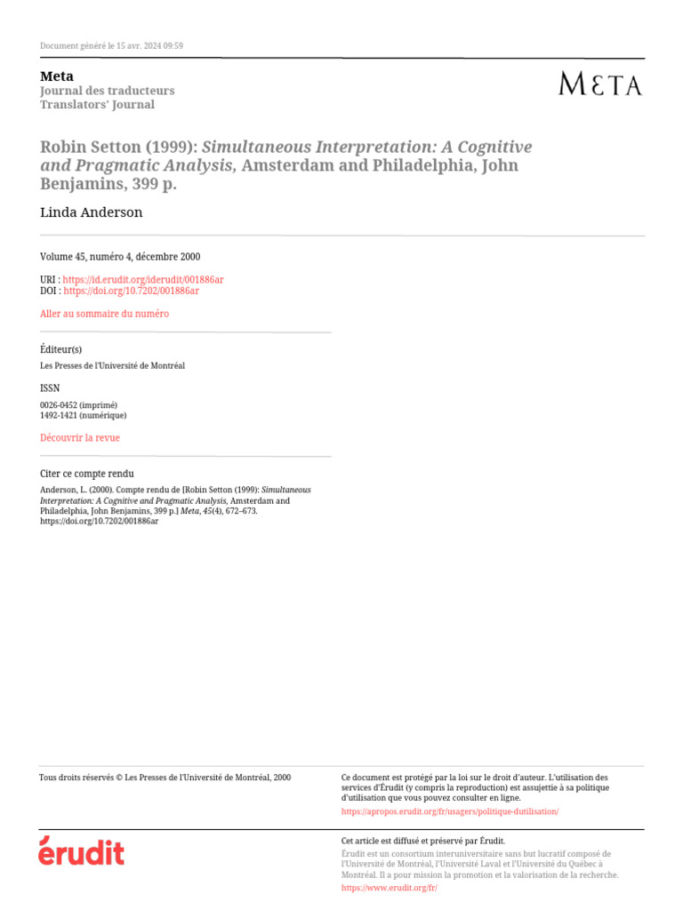 Simultaneous Interpretation A Cognitive And Pragmatic Analysis Pdf