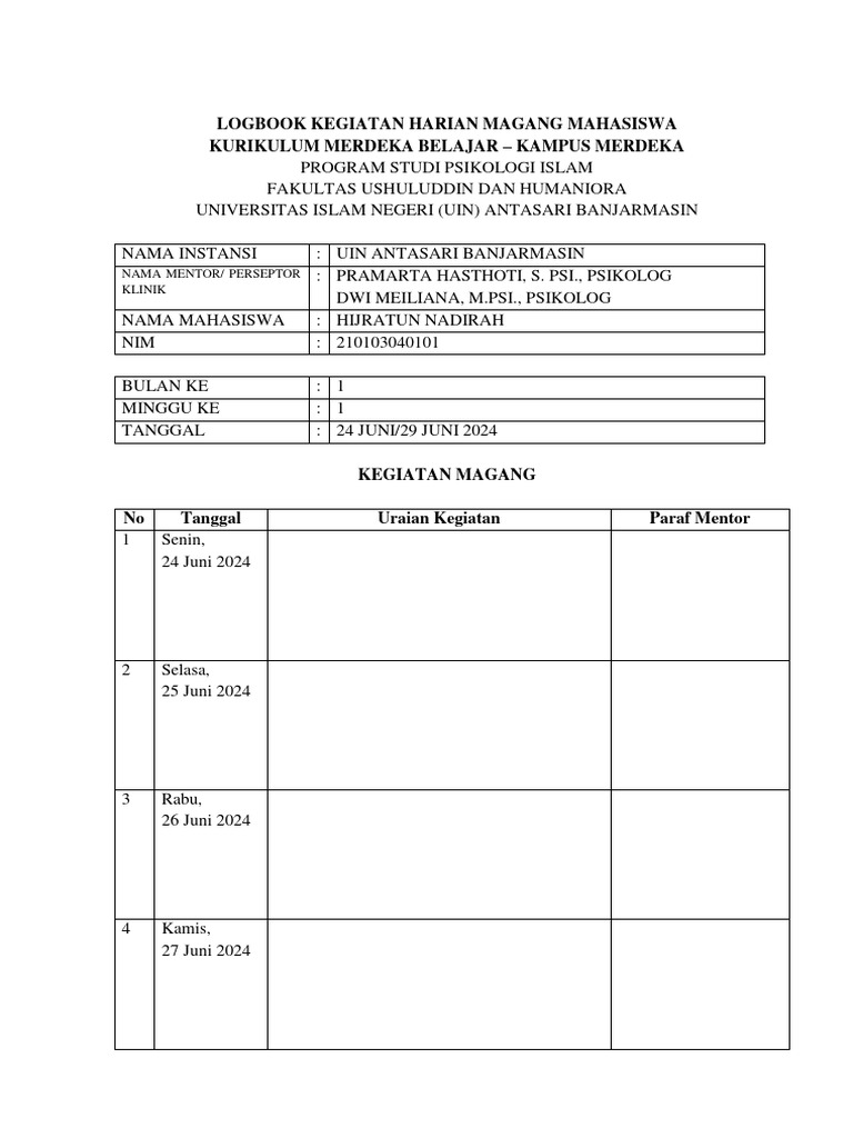 Format Logbook Harian Magang MBKM | PDF | Karier & Perkembangan | Pengembangan Diri