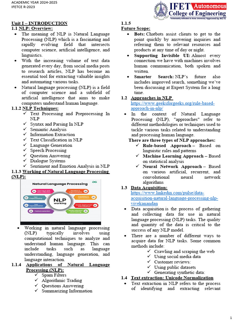 Unit I NLP | PDF | Machine Learning | Cognitive Science