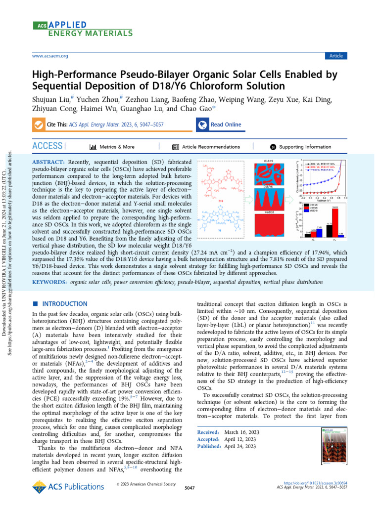 Liu Et Al 2023 High Performance Pseudo Bilayer Organic Solar Cells Enabled by Sequential ...