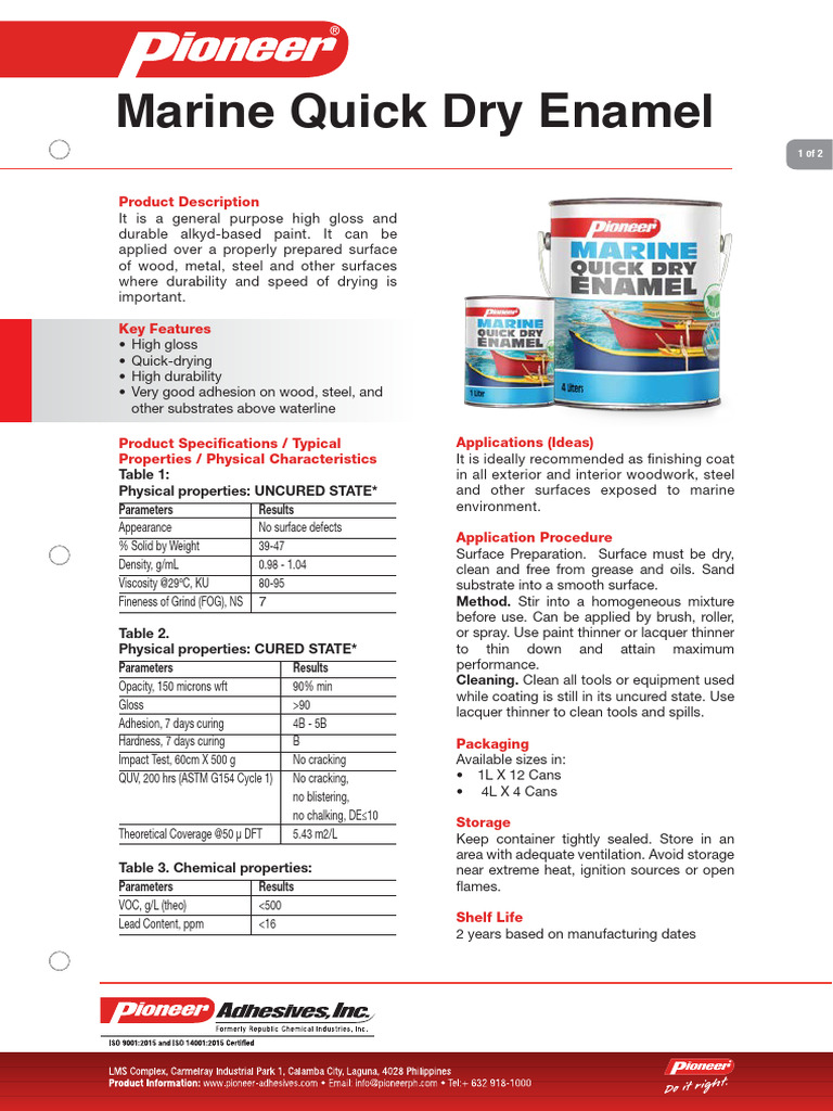 TDS - Pioneer Marine Quick Dry Enamel - 022019 | PDF | Paint | Materials