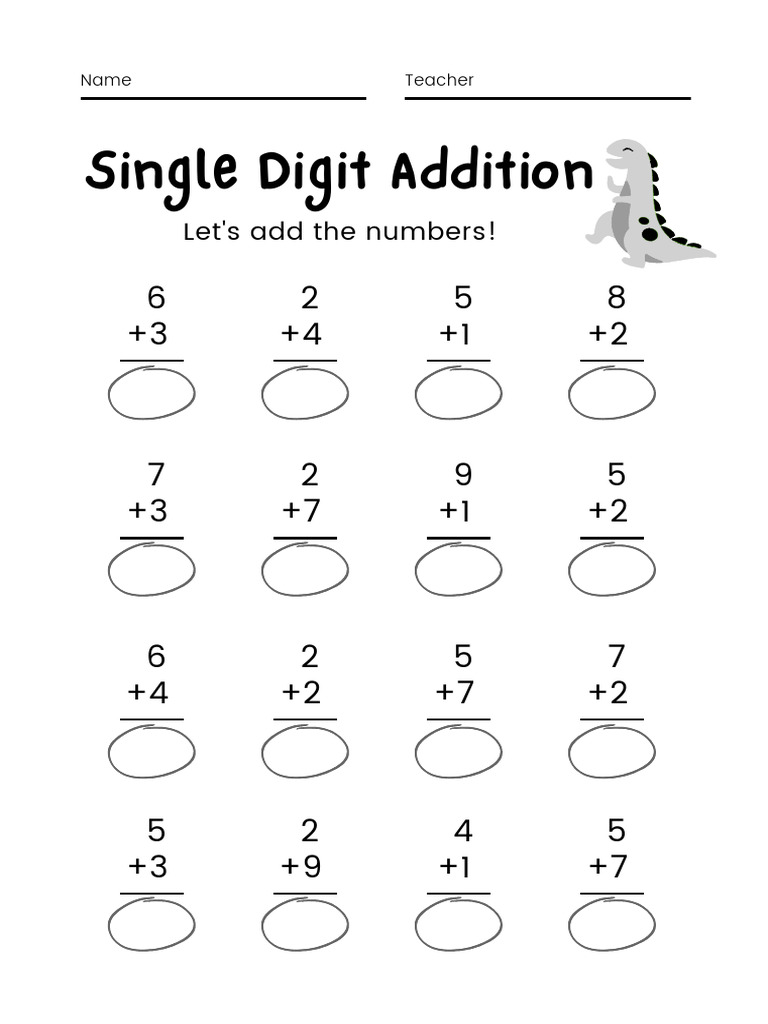 Black and White Single Digit Addition Math Foundational Worksheet | PDF