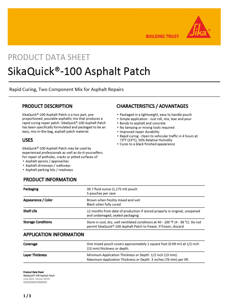 Sikaquick - 100 Asphaltpatch | PDF | Humidity | Wear