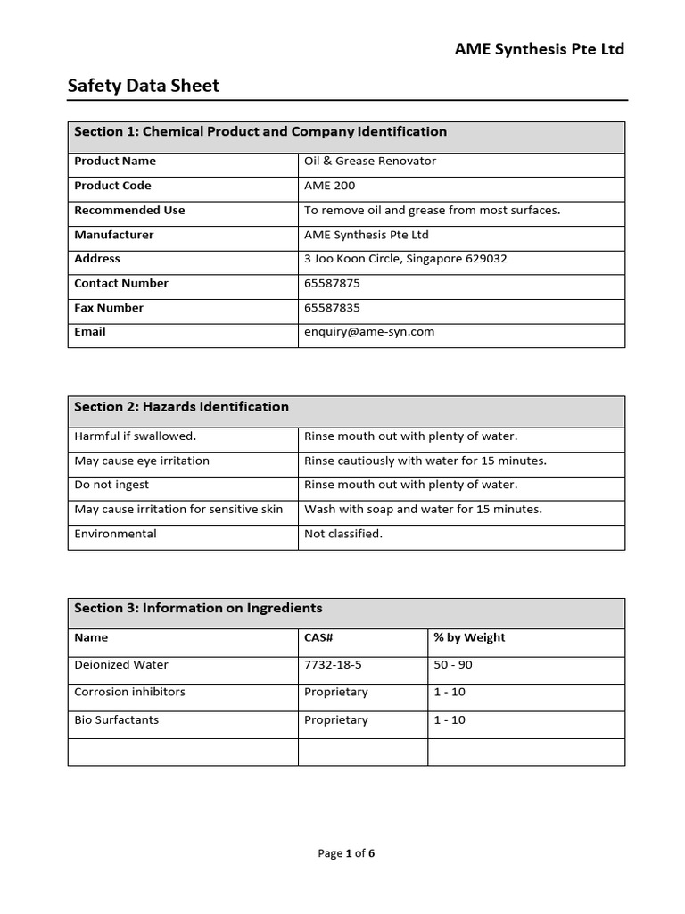 AME Oil & Grease Renovator SDS | PDF | Water | Firefighting