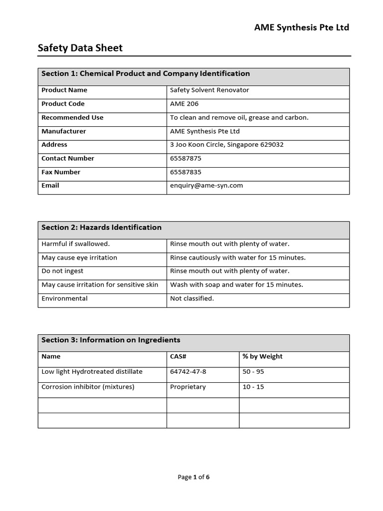 Safety Data Sheet for Safety Solvent | PDF | Sodium | Water