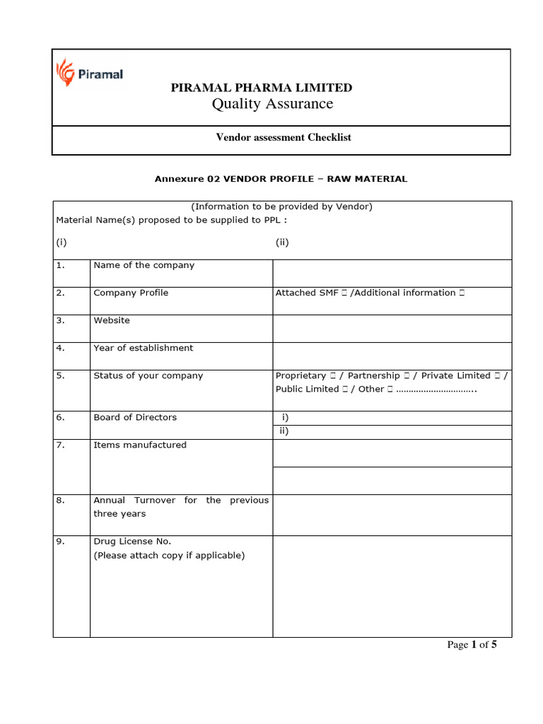RM Vendor Assessment Checklist | PDF