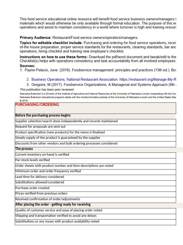 Restaurant Operations Editable Checklist | PDF | Waiting Staff | Tableware