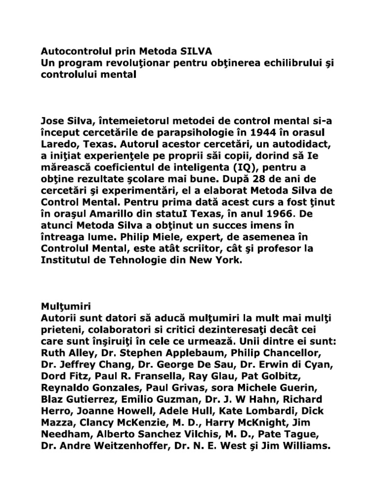 Autocontrolul Prin Metoda SILVA | PDF