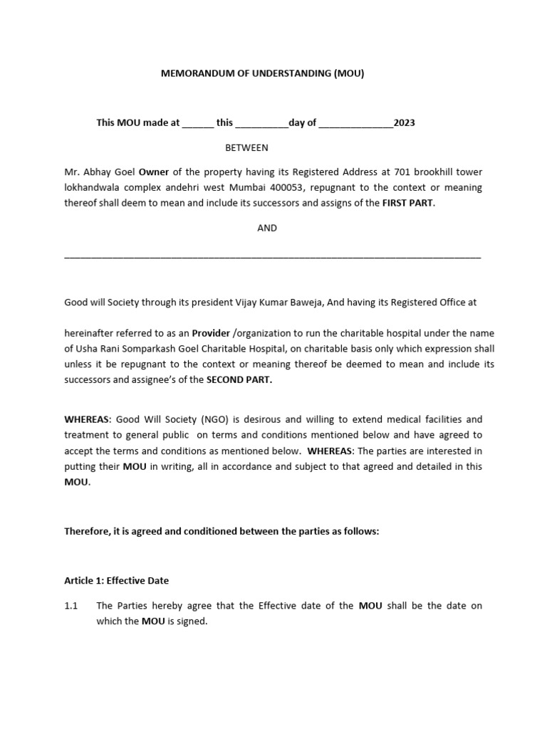 MEMORANDUM OF UNDERSTANDING Between Hospital and Owner (Mr. Goel) Final 1 | PDF | Arbitration ...