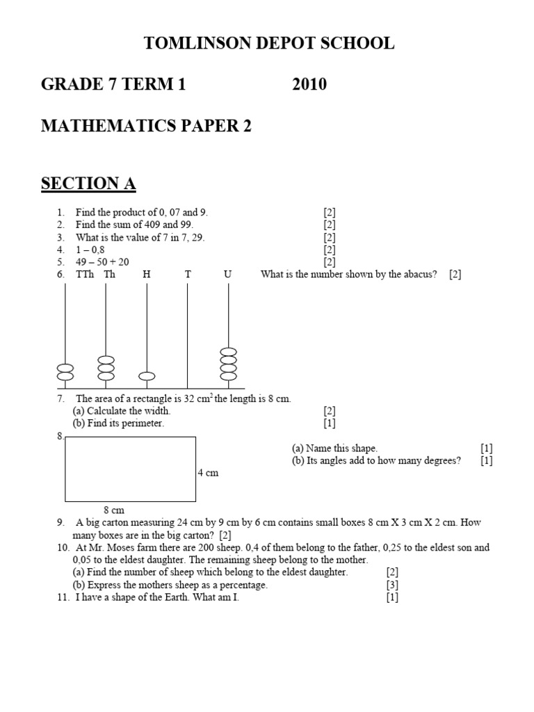 Grade 7 Maths Paper 2 2010 Term 1 | PDF | Area | Mathematics