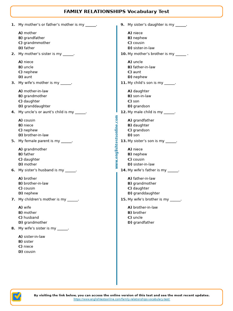 129 - Family Relationships Vocabulary Test | PDF | Family | Human Life ...