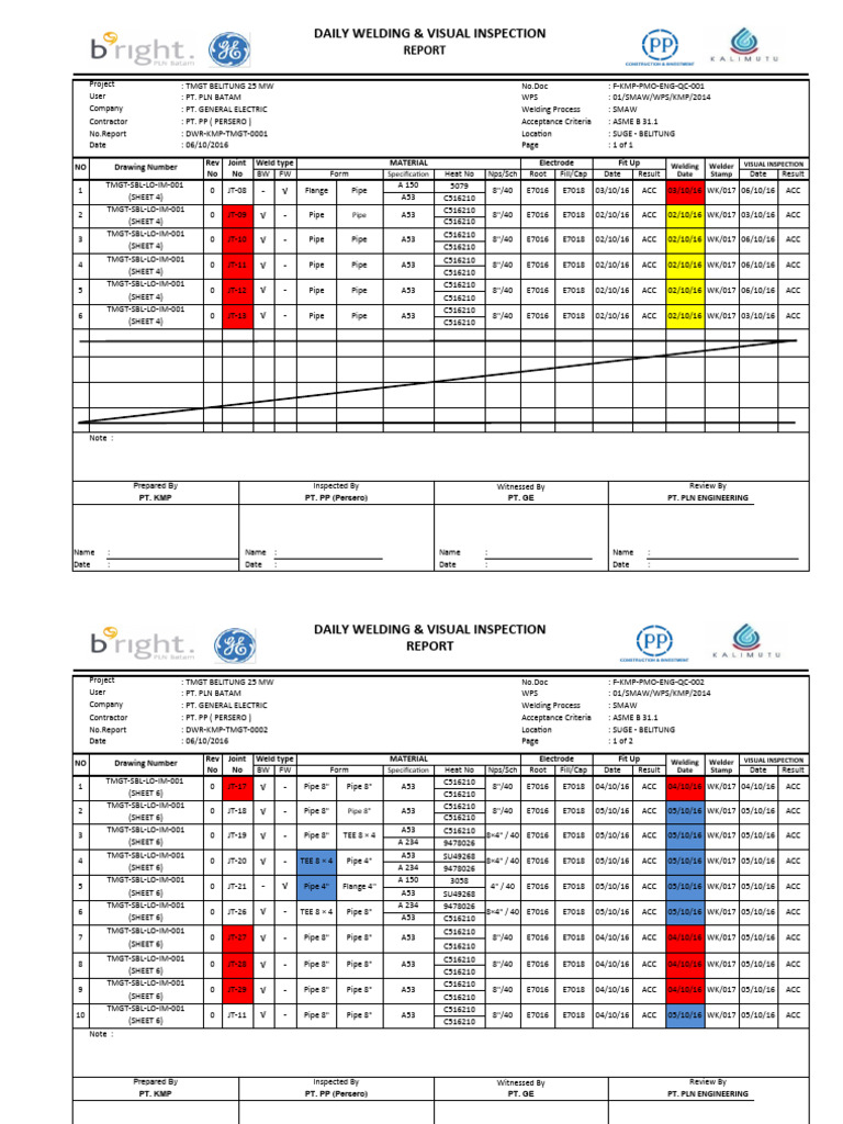 Daily Welding Report Spool | PDF | Pipe (Fluid Conveyance) | Welding