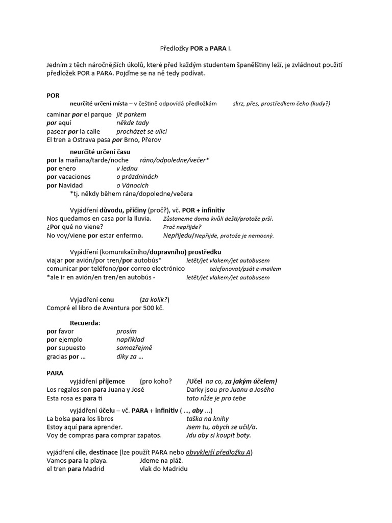 Uso de las preposiciones POR y PARA | PDF