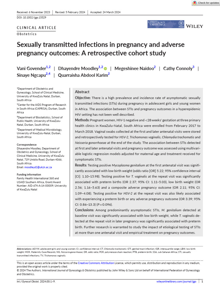 Intl J Gynecology Obste - 2024 - Govender - Sexually Transmitted Infections in Pregnancy and ...