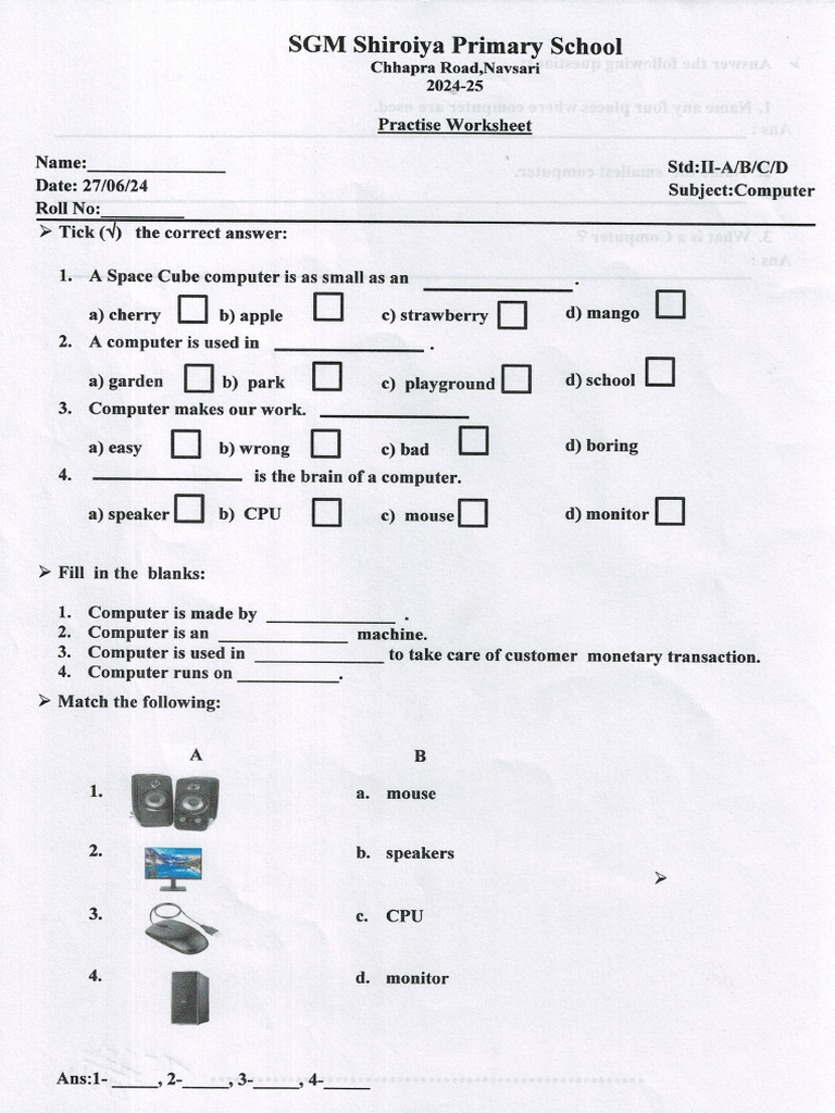 Std II Computer Practise Worksheet | PDF