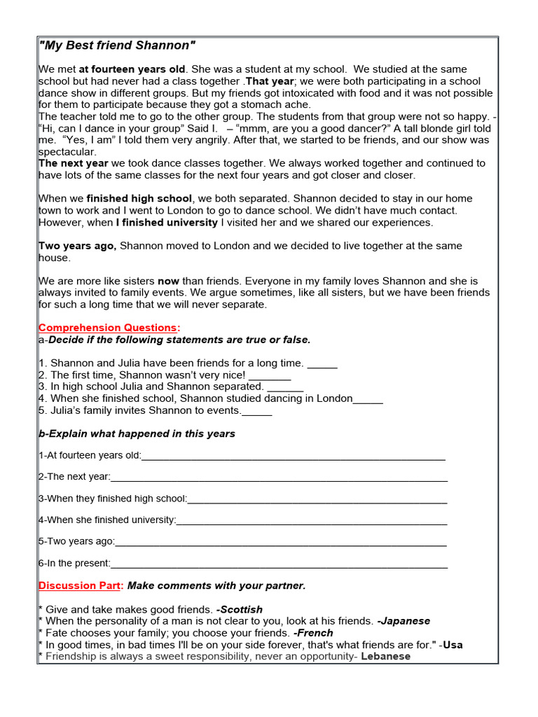 Best Friends Reading Comprehension Exercises - 78285 | PDF