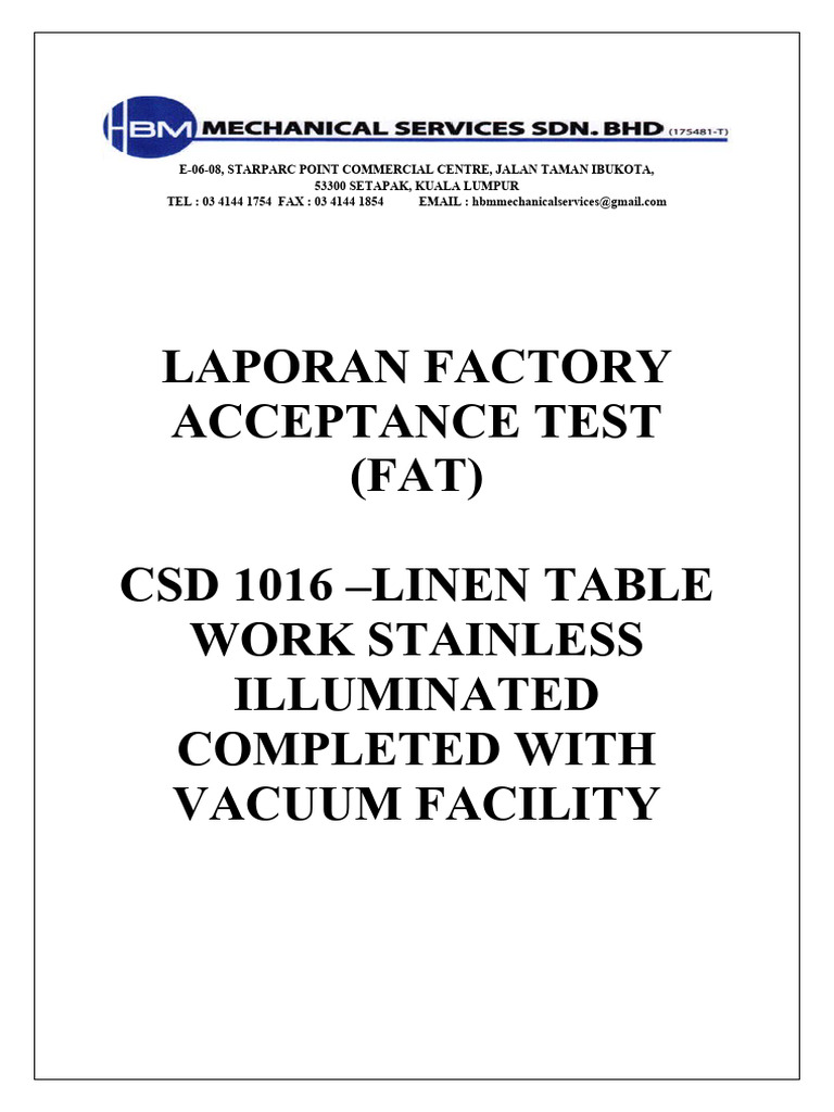Laporan Factory Acceptance Test (FAT) CSD 1016 - Linen Table Work ...