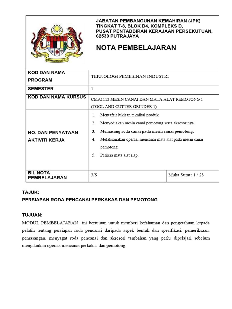 Nota Pembelajaran: 3. Memasang Roda Canai Pada Mesin Canai Pemotong | PDF