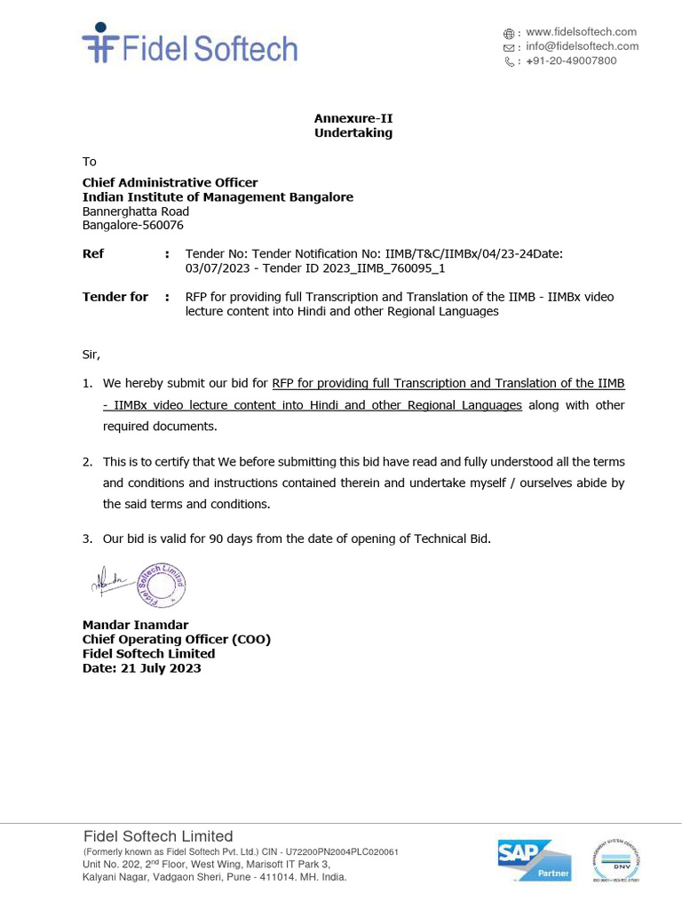 Annexure II Undertaking | PDF | Business | Finance & Money Management