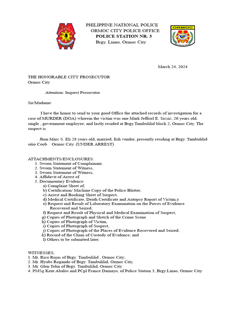 Murder Case Investigation Report - Ormoc City | PDF | Affidavit | Crime ...