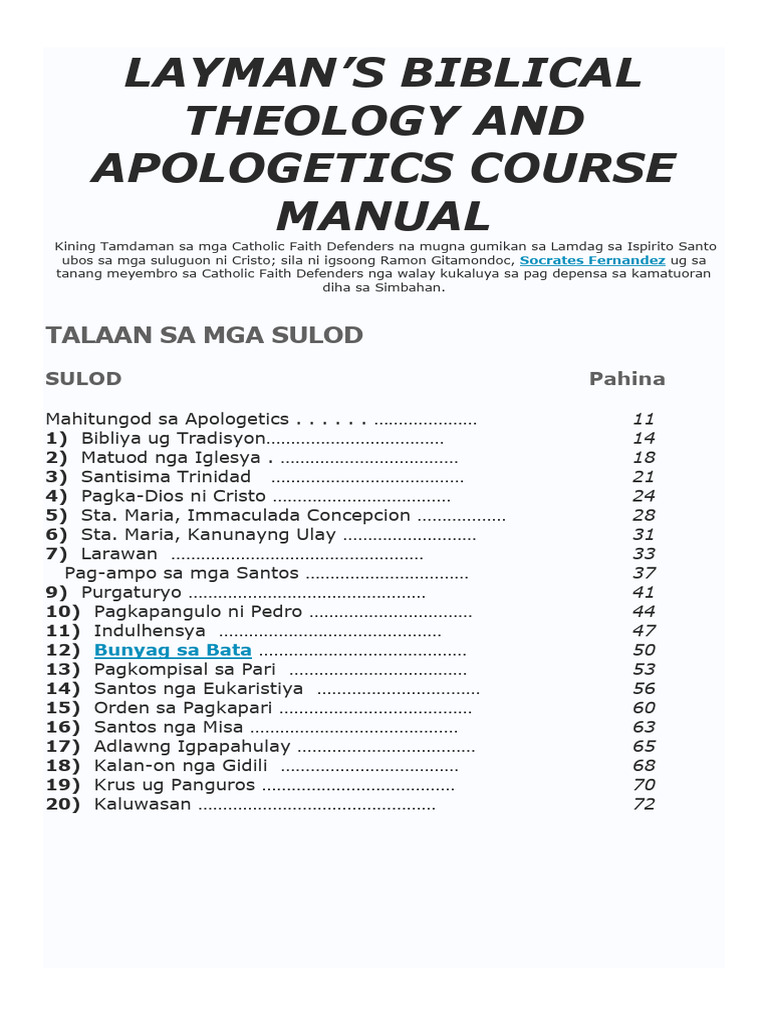 CATHOLIC FAITH DEFENDERS APOLOGETICS MANUAL | PDF