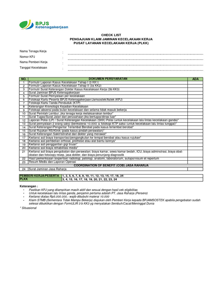 CHECK LIST DOKUMEN PENGAJUAN JAMINAN KECELAKAAN KERJA PLKK 2022 | PDF