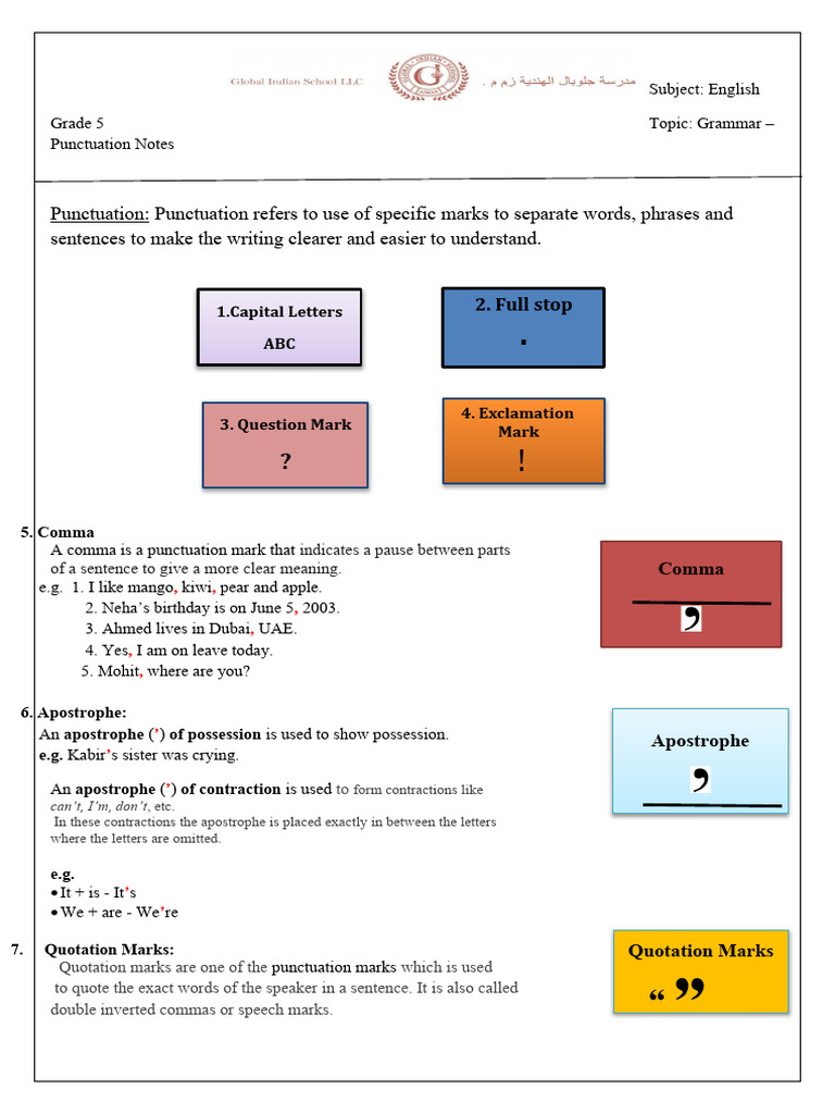 Grade 5 Punctuation Notes. | PDF | Punctuation | Comma